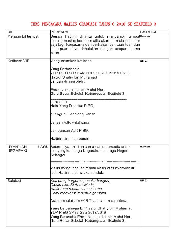 Teks Pengacara Majlis Graduasi Tahun 6 2018 | PDF