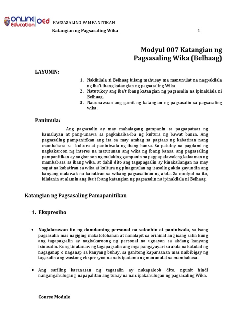 W9 Lesson 7 - Katangian NG Pagsasaling Wika (Belhaag) - Module PDF | PDF W9 Lesson 7 - Katangian NG Pagsasaling Wika (Belhaag) - Module PDF | PDF