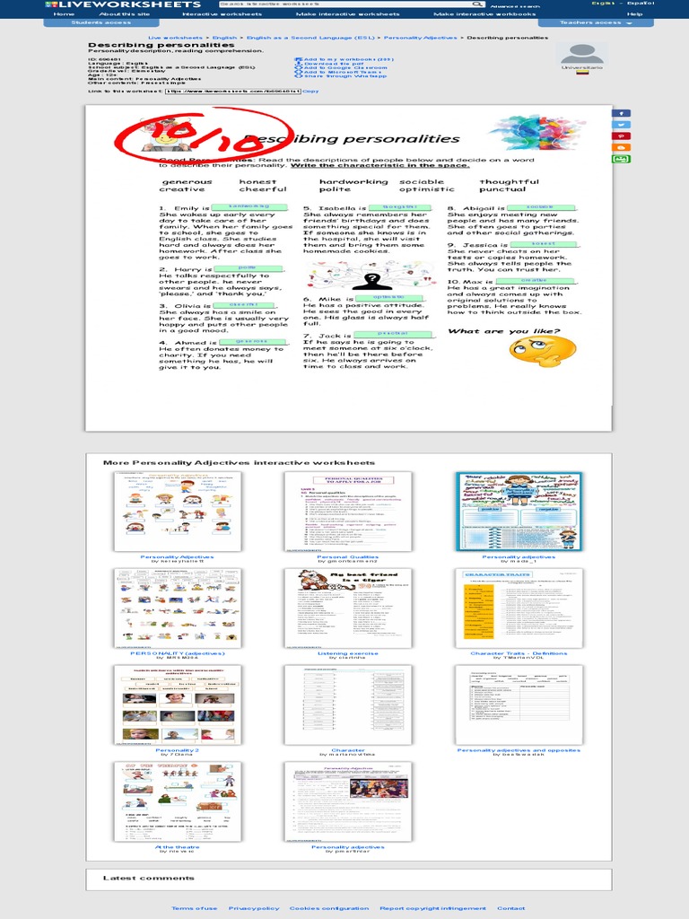 Describing Personalities Worksheet | PDF | English As A Second Or ...