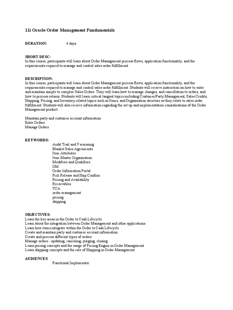 11i Oracle Order Management Fundamentals Duration Pdf Pricing