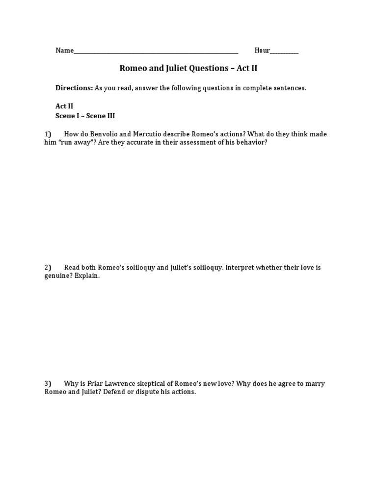 Romeo and Juliet Questions - Act II | PDF
