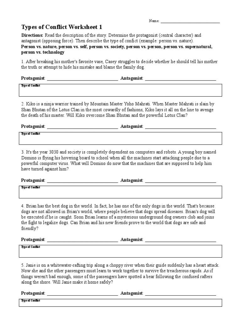 Types of Conflict Worksheet 1 1 | PDF | Young Adult | General Fiction