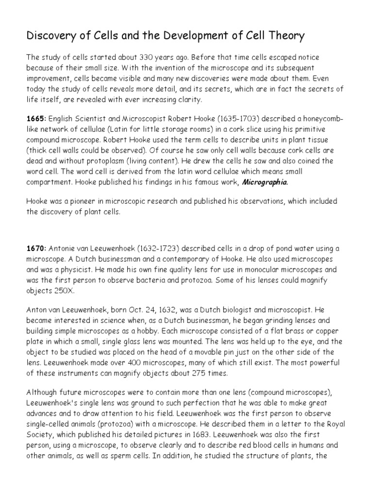 Discovery of Cells and The Development of Cell Theory | PDF | Organisms ...