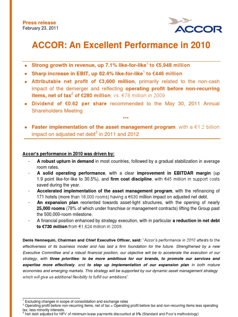 ACCOR 2010 Results | PDF | Financial Economics | Economies