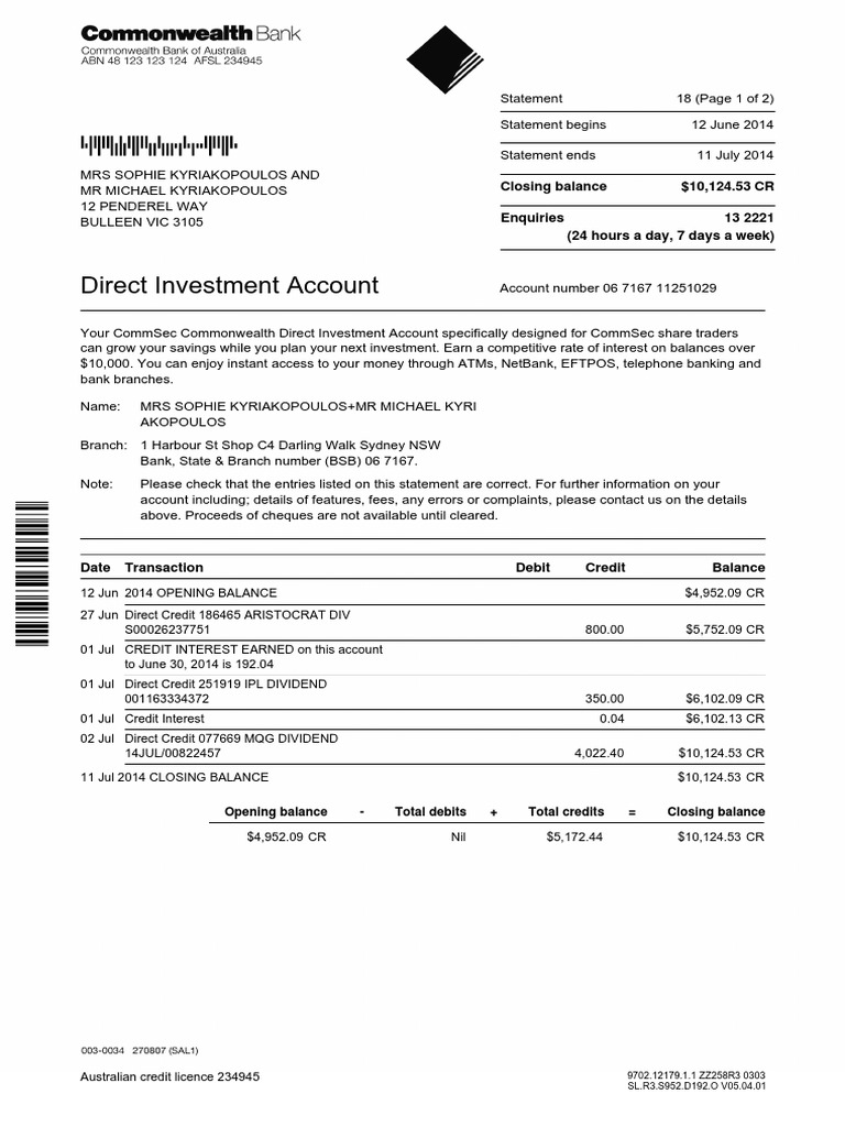 Australia Commonwealth Bank Statement | PDF | Debit Card | Banks
