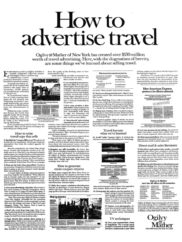 How To Advertise Travel Ad by David Ogilvy Swipe File Archive Marketing ...