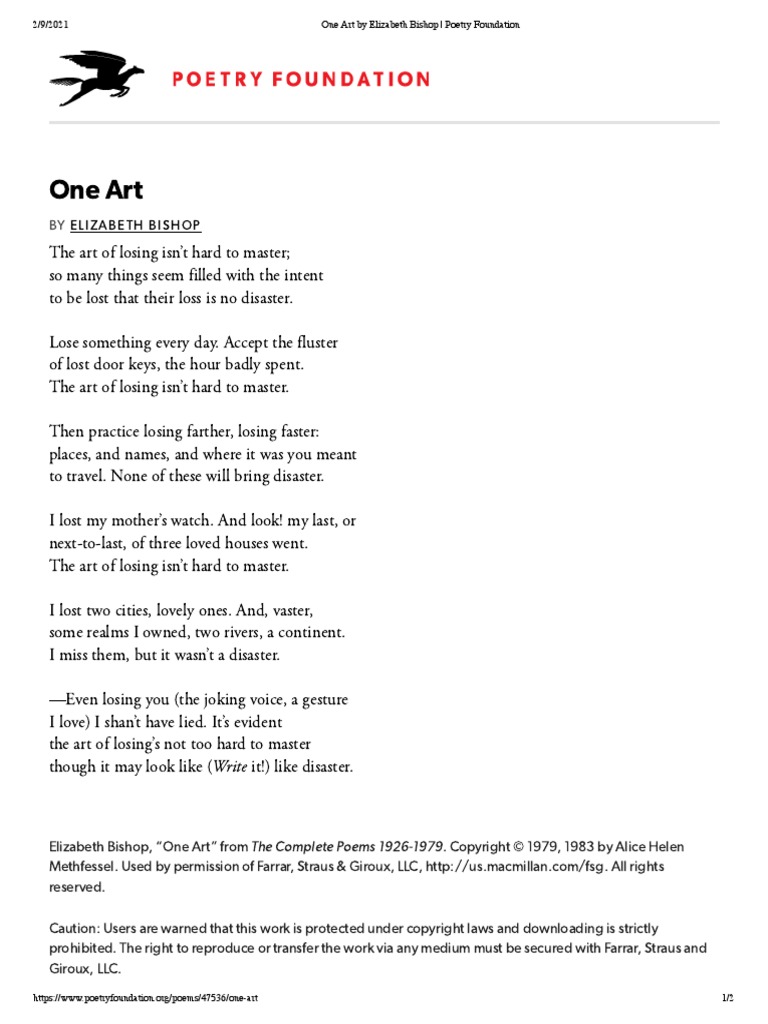 One Art by Elizabeth Bishop - Poetry Foundation | PDF