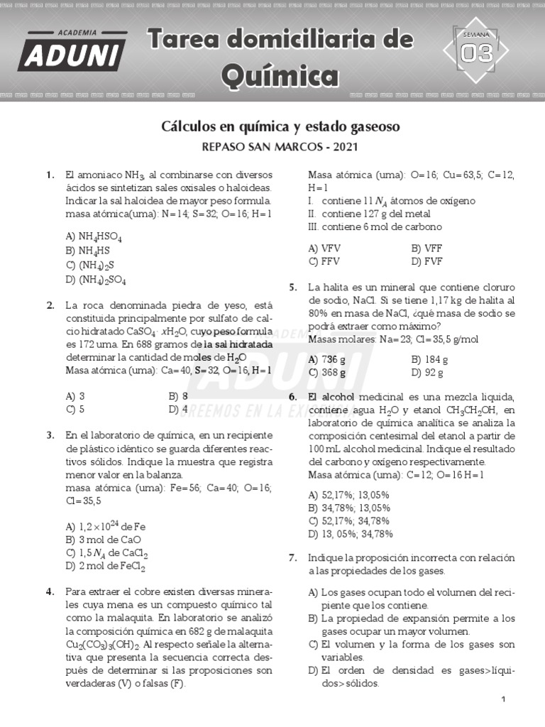 Repaso de conceptos básicos de química general y cálculos en condiciones estándar y reales | PDF ...