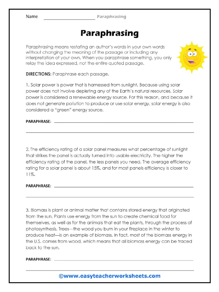 Paraphrasing Worksheet | PDF