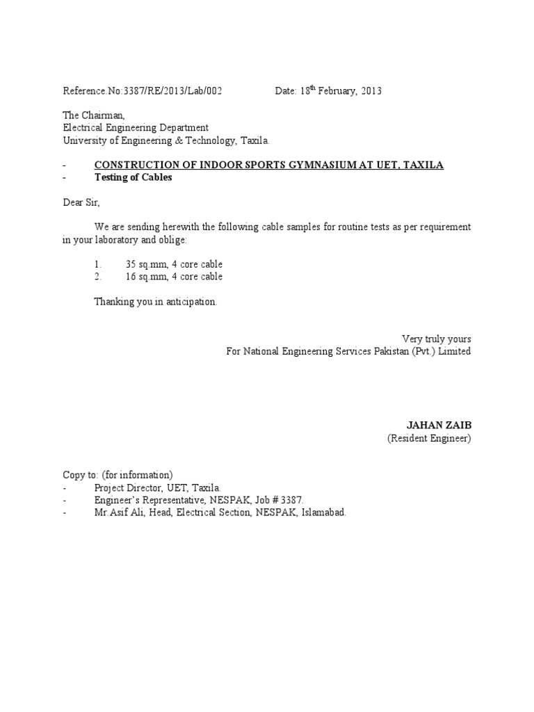 LAB TESTING LETTER Cable | PDF