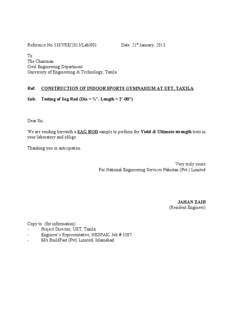 Lab Testing Letter Sag Rod | PDF