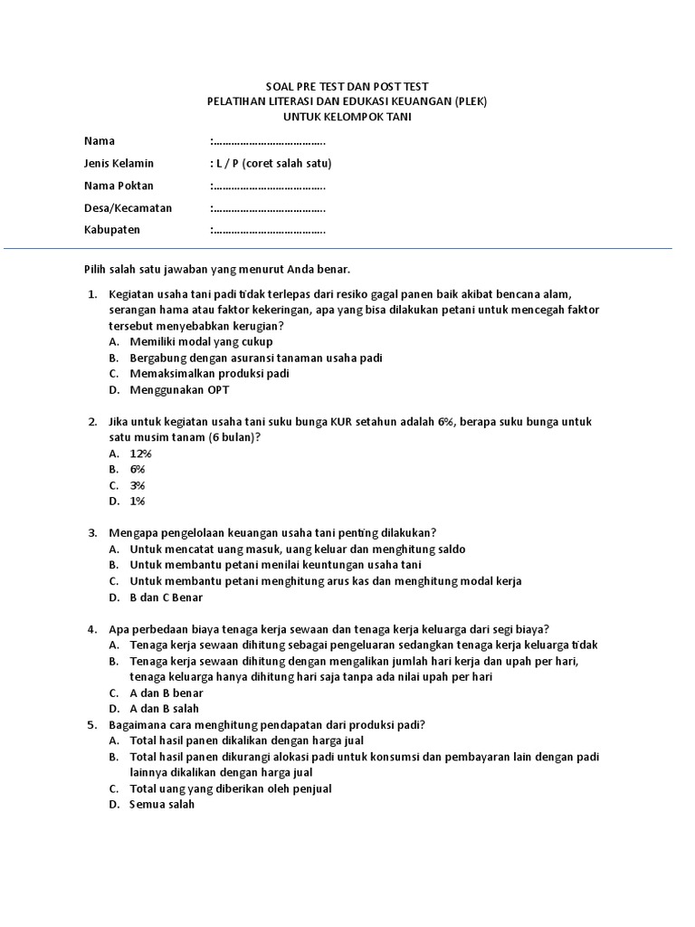 SOAL PRE TEST DAN POST TEST Untuk Ketua Kelompok Tani PLEK 2020 | PDF