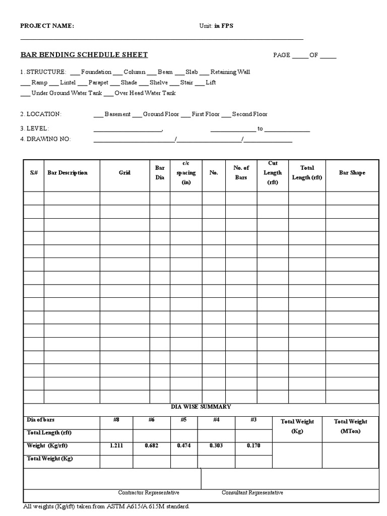 Bar Bending Schedule Sheet FPS | PDF