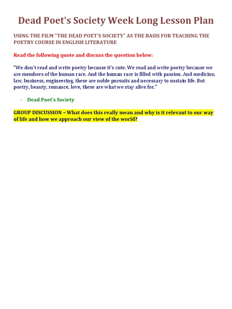 Dead Poet's Society Week Long Lesson Plan | PDF | Poetry | Teachers