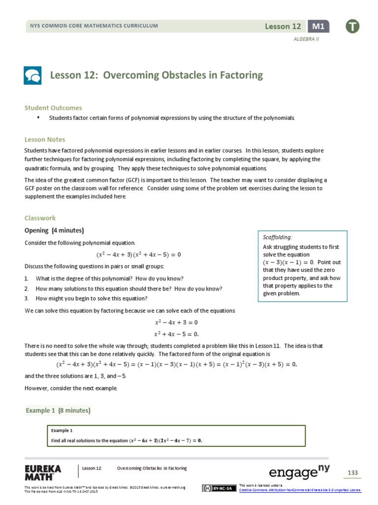 Lesson 12: Overcoming Obstacles in Factoring: Student Outcomes | PDF ...