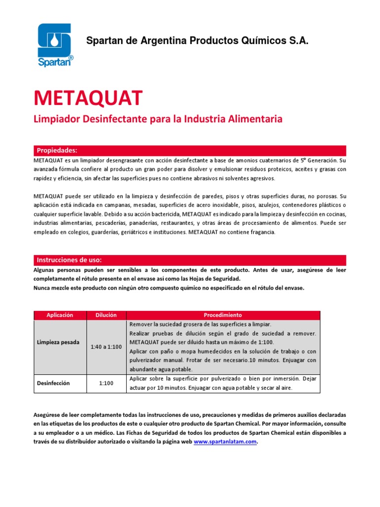 Metaquat: Limpiador Desinfectante para La Industria Alimentaria | PDF ...