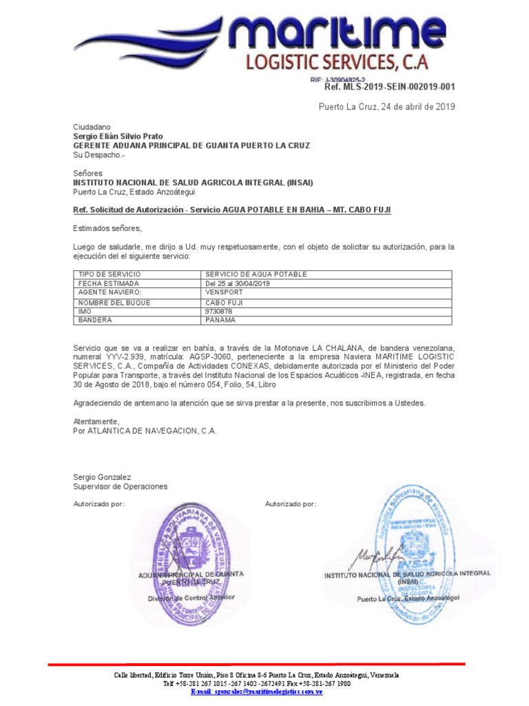 Carta - Insai Aduana - Fresh Water - Chalana - MLS | PDF | Negocios