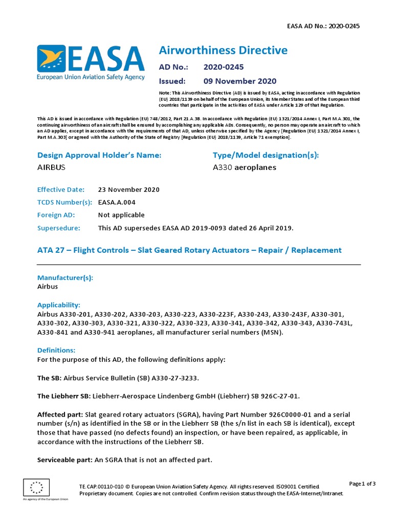 Airworthiness Directive: Design Approval Holder's Name: Type/Model ...