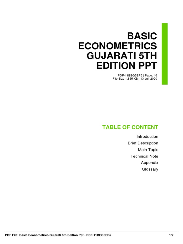 Basic Econometrics Gujarati 5Th Edition PPT: Table of Content | PDF