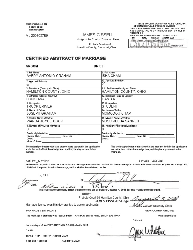 Certified Abstract of Marriage: James Cissell | PDF | Marriage ...
