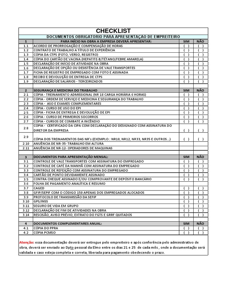 NOVO Check List de Documentos Empreiteiro | PDF | Emprego | Business