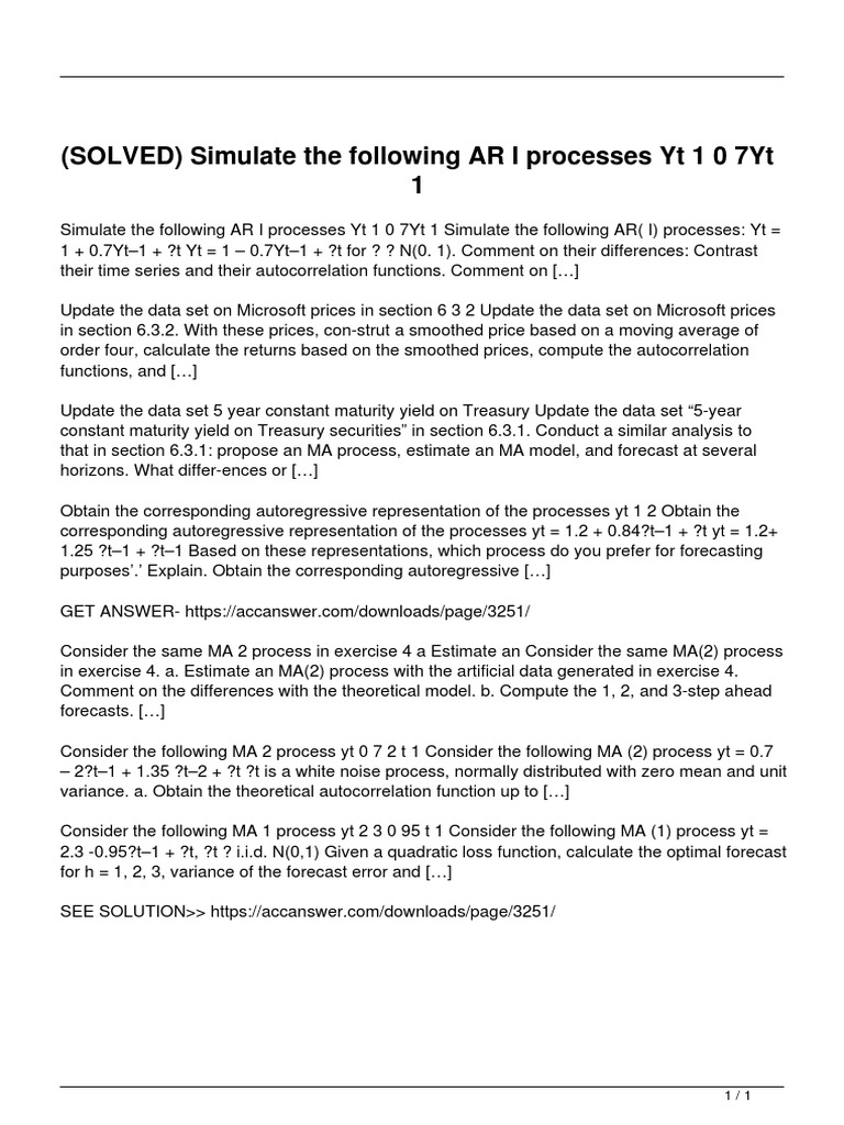 Solved Simulate The Following Ar I Processes Yt 1 0 7yt 1 | Download ... Solved Simulate The Following Ar I Processes Yt 1 0 7yt 1 | Download ...