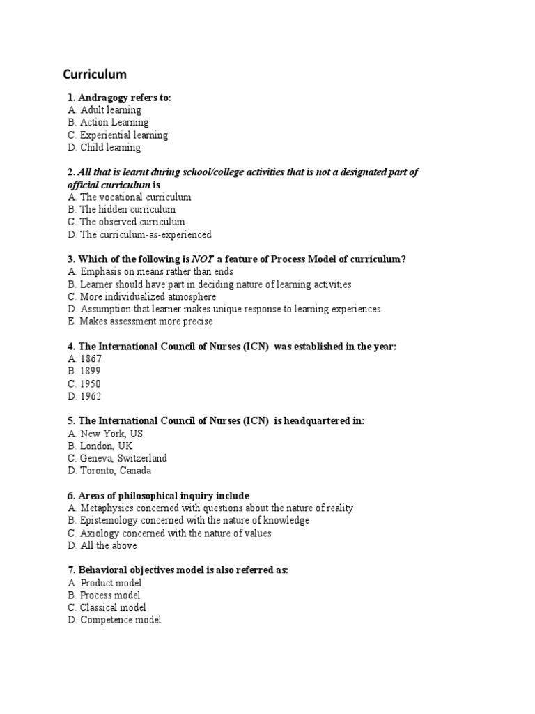MCQs Curriculum | PDF | Curriculum | Evaluation