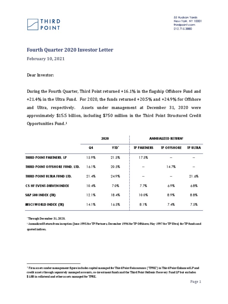 Third Point Q4 Investor Letter Final | PDF | Loans | Investing