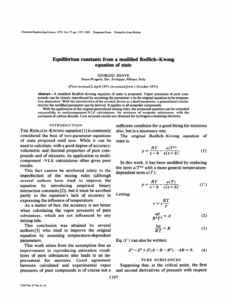 Soave - 1972 - Equilibrium Constants From A Modified Redkh-Kwong ...