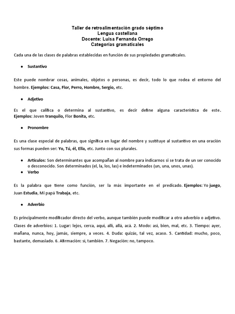 Taller de Retroalimentación Grado Séptimo | PDF | Adverbio | Sustantivo