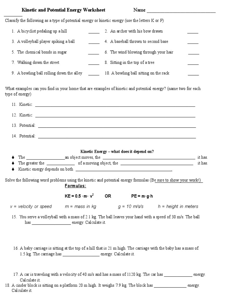 Kinetic and Potential Energy Worksheet | PDF | Kinetic Energy ...