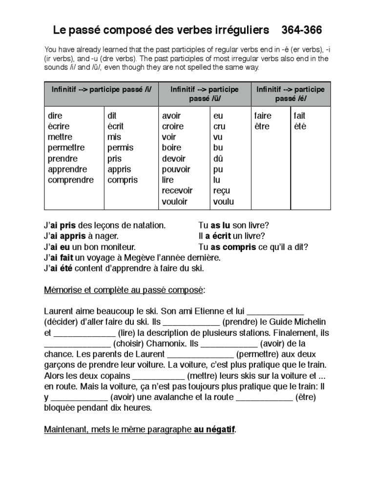 Le Passe Compose Des Verbes Irreguliers | PDF