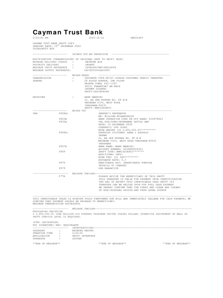 Cayman Tust Bank Swift Copymt-103 | PDF | Payments | Banking