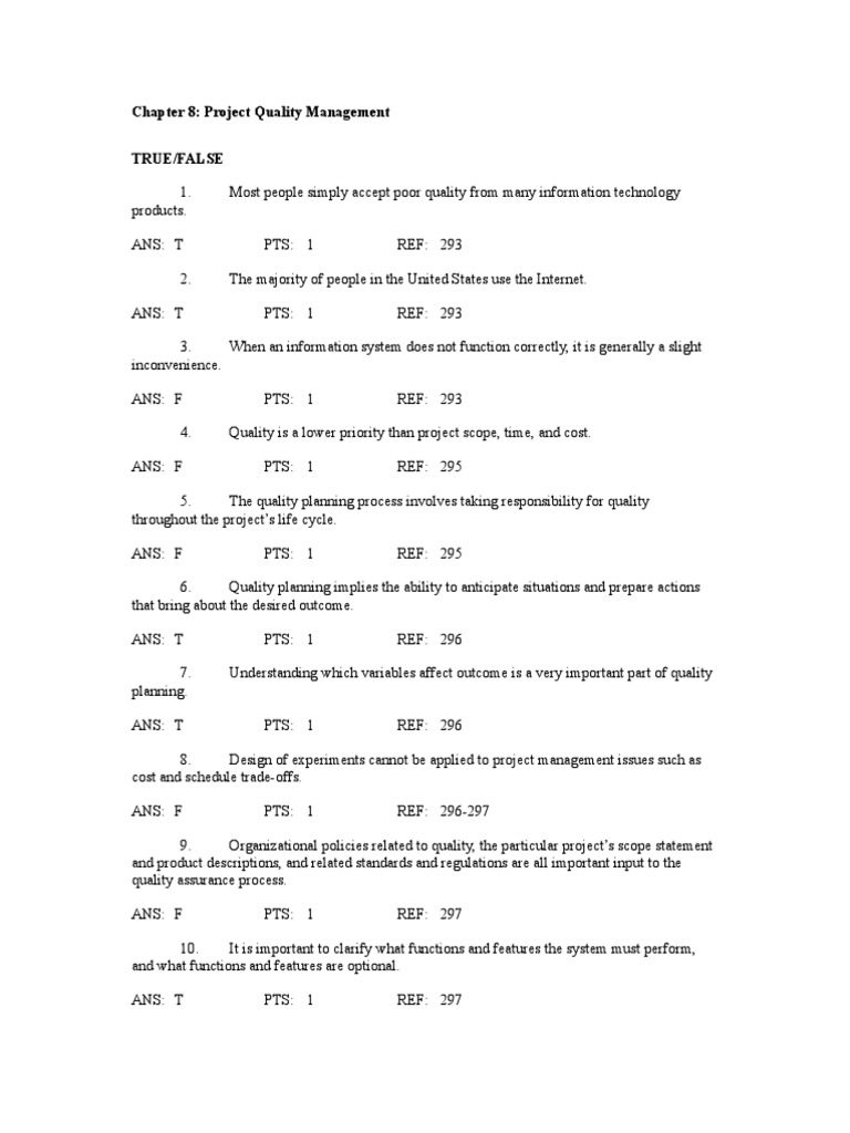 Chapter 8: Project Quality Management True/False | PDF | Six Sigma | Quality Assurance