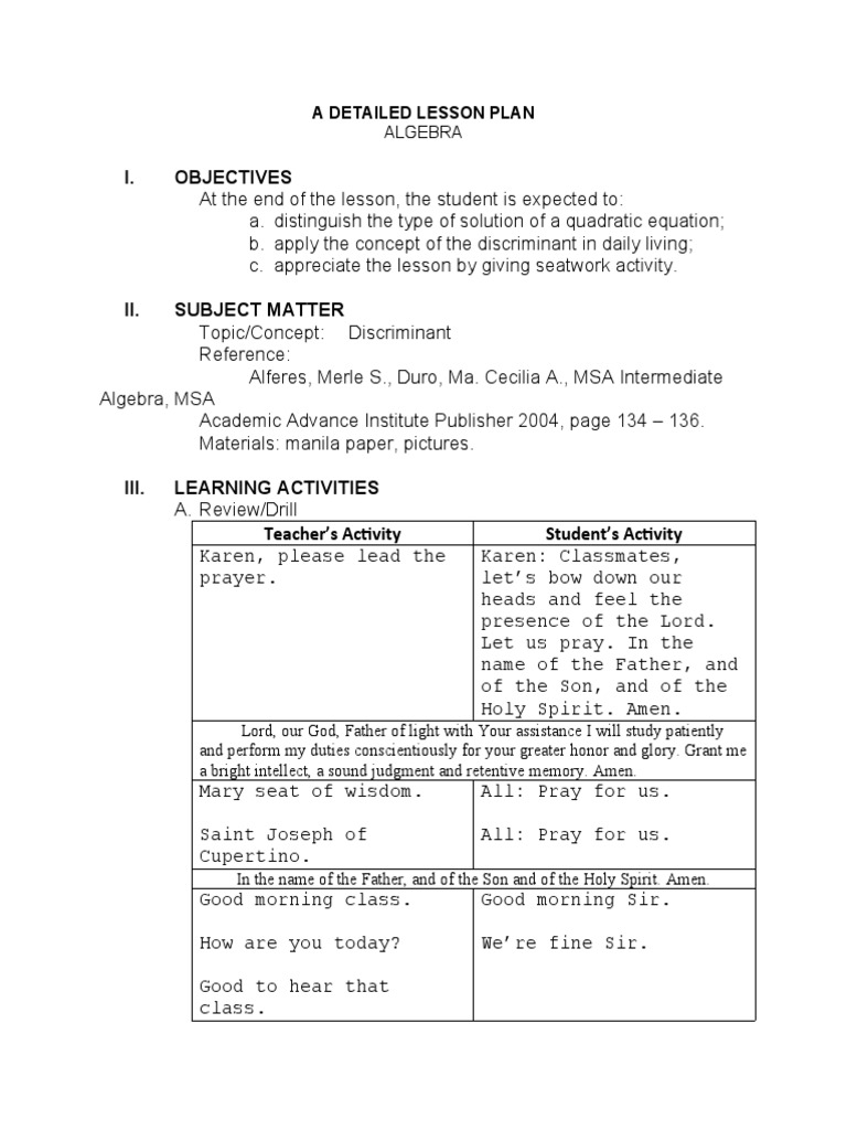 I. Objectives: A Detailed Lesson Plan | PDF | Quadratic Equation ...