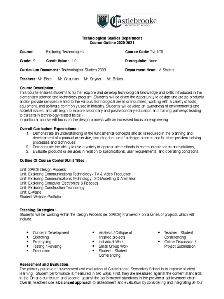 Tij 1o0 Course Outline Castlebrooke 2020-21 | PDF | Educational ...