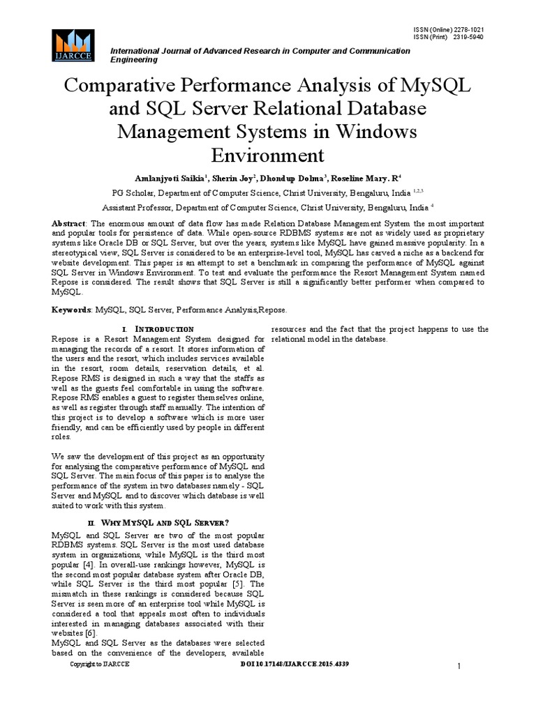 Comparative Performance Analysis of Mysql and SQL Server Relational ...