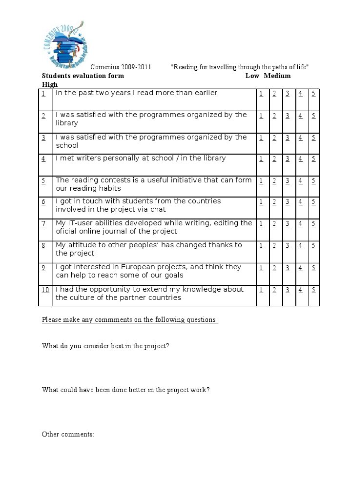 Students Evaluation Form Low Medium High | PDF | Teachers | Educational ...