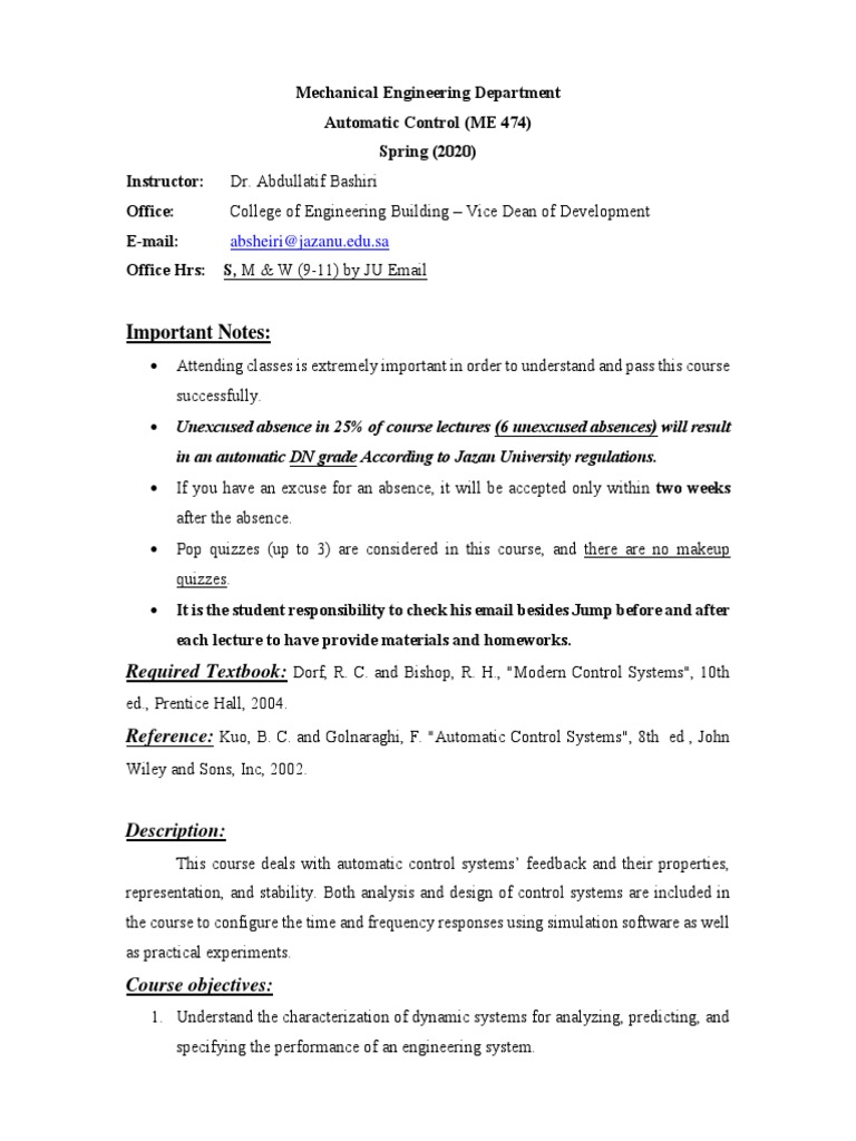 ME 474 Automatic Control Course Notes | PDF | Control Theory | Systems ...