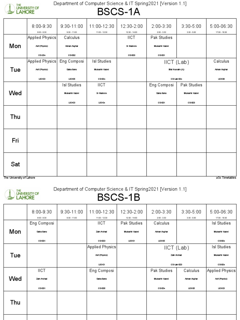 BSCS Timetable Spring2021 | PDF | Mathematical Analysis | Teaching Mathematics