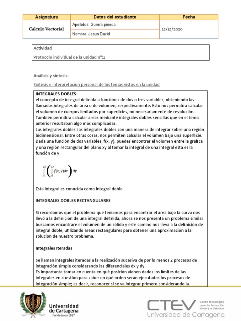 Protocolo Individual - Calculo Vectorial - Unidad 3 | PDF | Integral | Física teórica