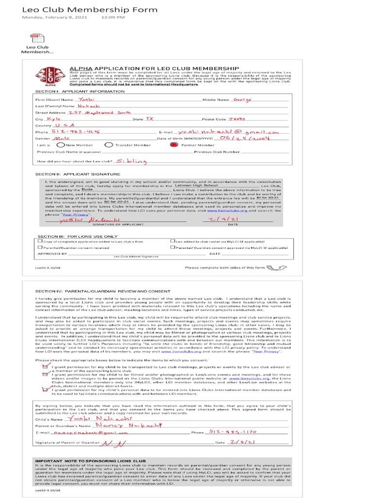 Leo Club Membership Form | PDF