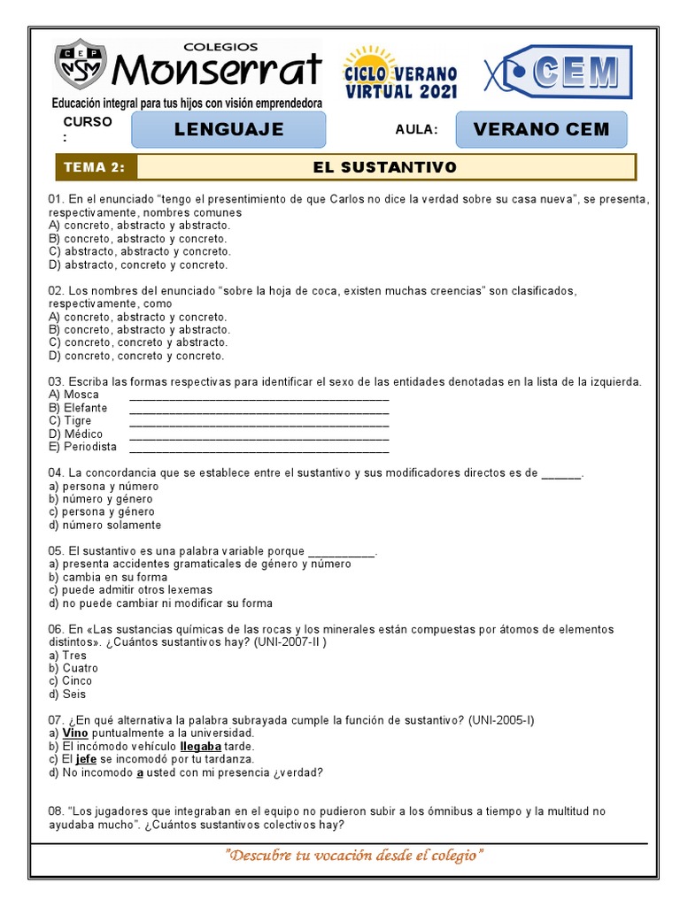Ejercicios sobre el Sustantivo | PDF | Clasificación cientifica ...