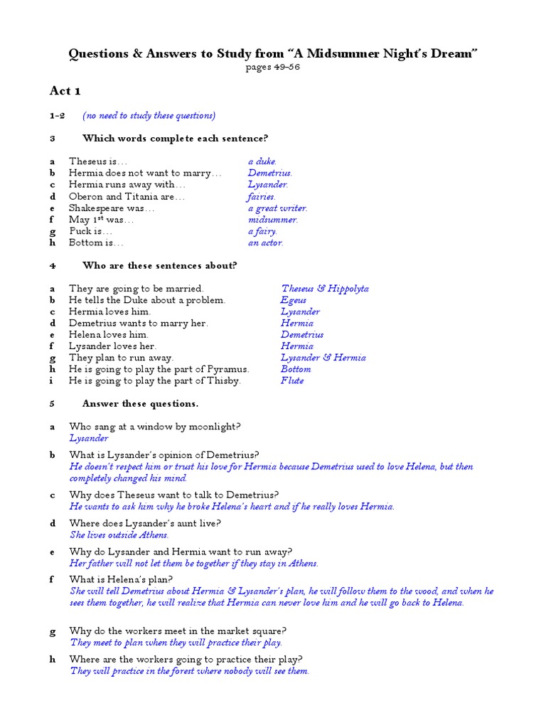 Questions & Answers To Study From "A Midsummer Night's Dream" Act 1 ...