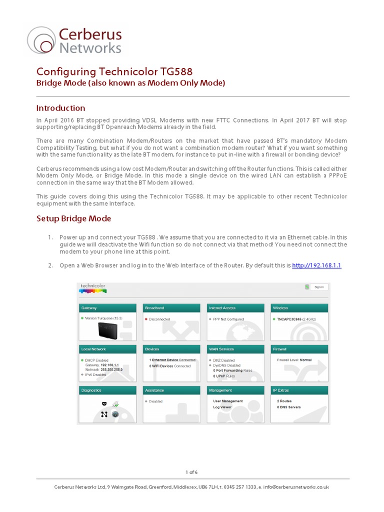 Router Set-Up Guide - Technicolor TG588 in Bridge Modem Mode | PDF ...