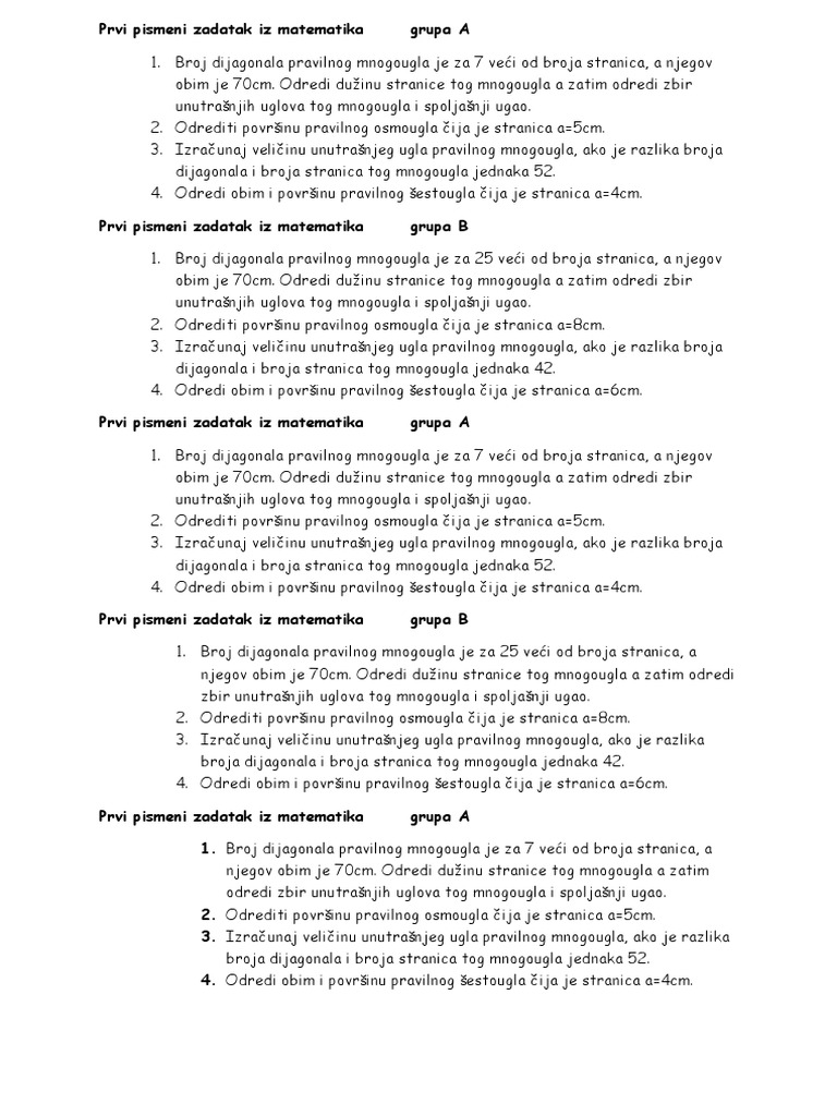 Prvi Pismeni Zadatak Iz Matematika Grupa A | PDF