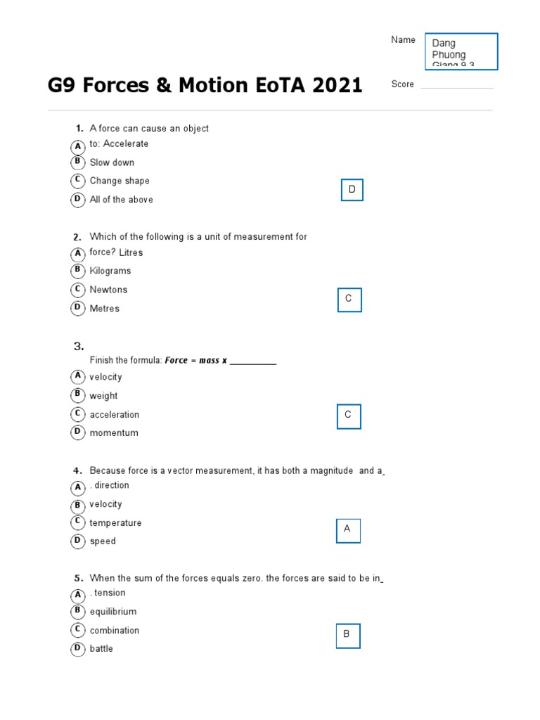 Quiz - G9 Forces & Motion EoTA 2020 | PDF | Force | Weight