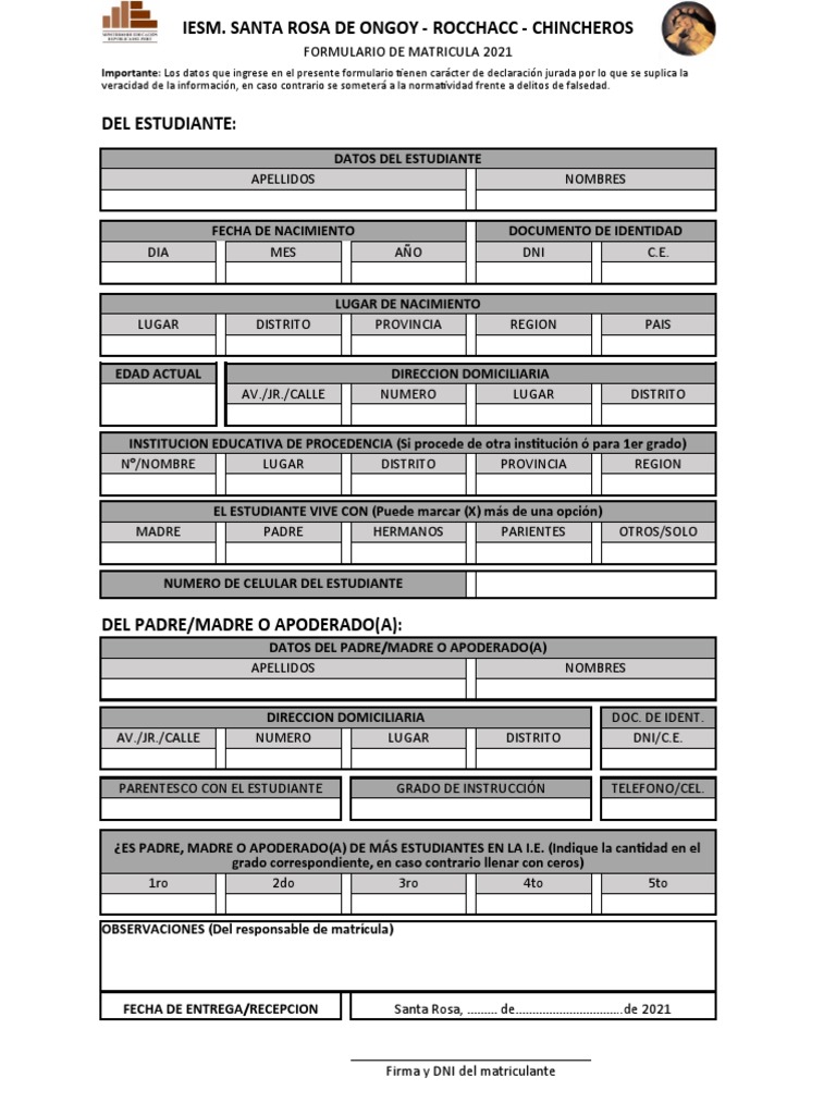Formulario de Matrícula 2021 | Descargar gratis PDF | Control de acceso ...