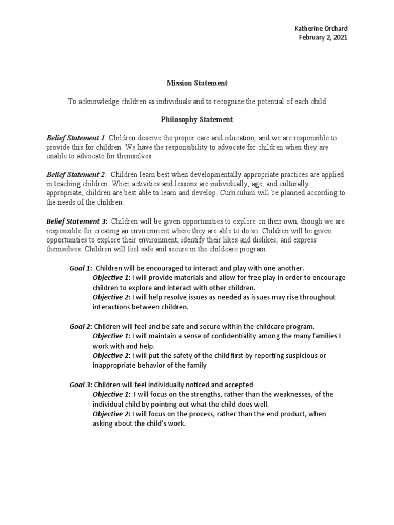 Childcare Philosophy and Goals Statement | PDF | Child Care | Relationships