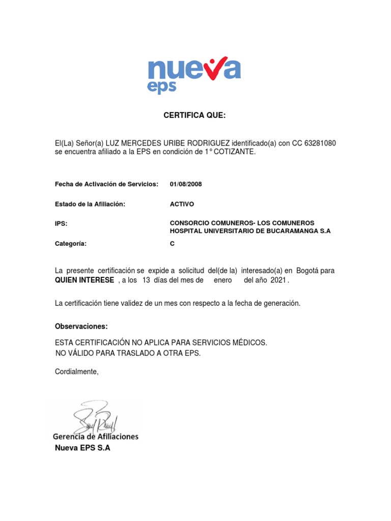 Afiliación activa certificación EPS Luz Mercedes Uribe Rodríguez | PDF